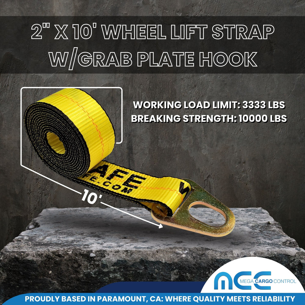 2" x 10' Wheel Lift Strap w/Grab Plate hook | Mega Cargo Control